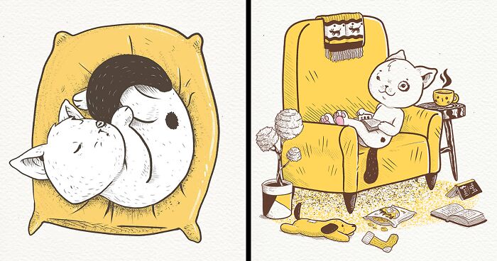 I Make Cute Illustrations Featuring An Introverted Cat That Is Just ...