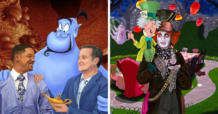 16 Illustrations Of Disney Characters Meeting The Actors From Their ...