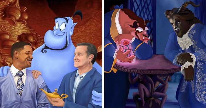 16 Illustrations Of Disney Characters Meeting The Actors From Their ...