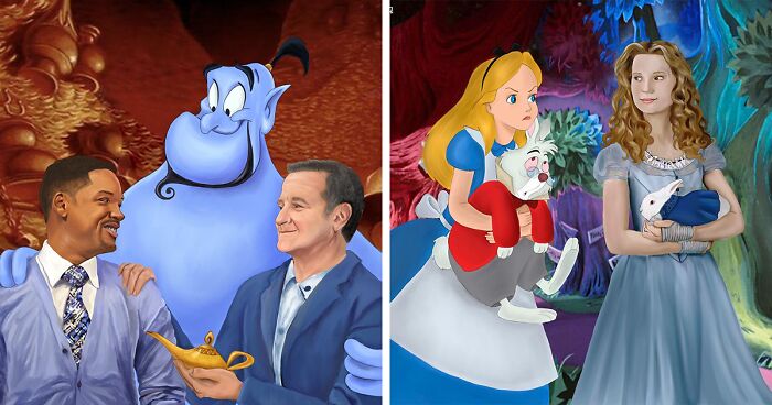 16 Illustrations Of Disney Characters Meeting The Actors From Their ...