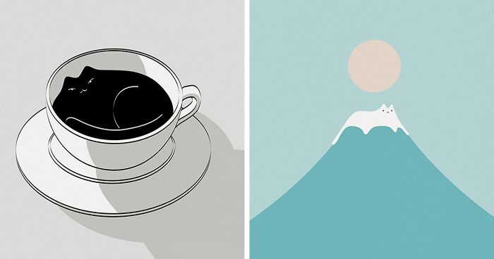 I Create Minimal Illustrations Featuring Cats Blended Into Landscapes ...
