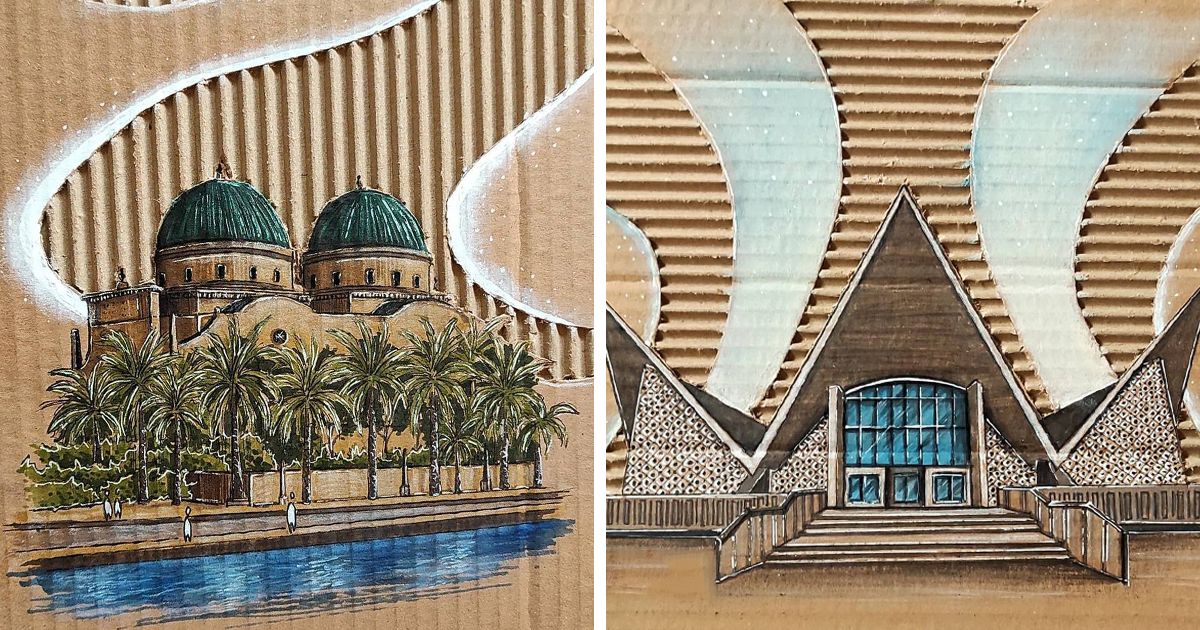 26 Buildings Drawn On Pieces Of Cardboard To Create A 3D Effect By A ...