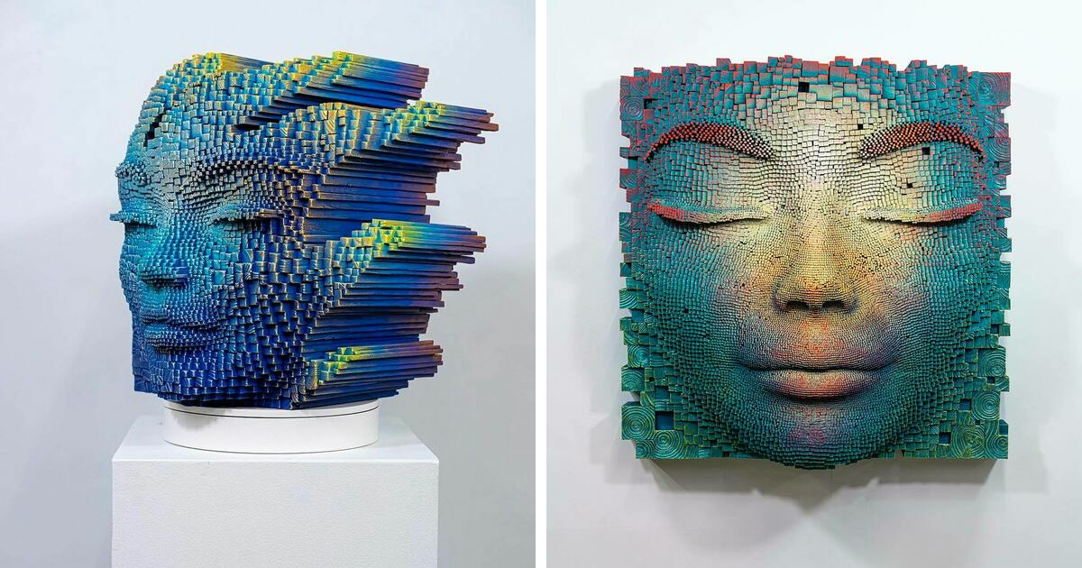 This Sculptor Turns Wooden Sticks Into 20 Hypnotic 3D Faces That Seem ...